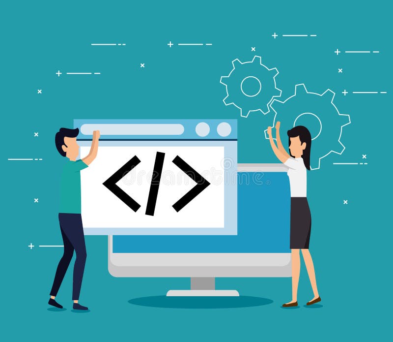 Men and Woman Business Teamwork with Computer Website Stock Vector ...