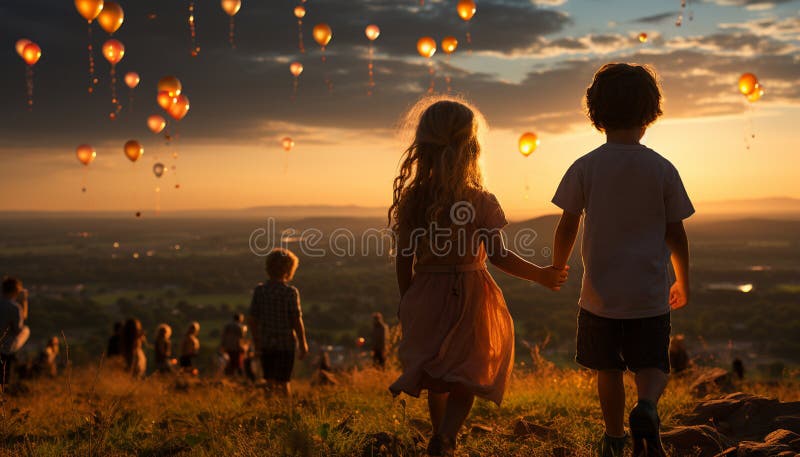 Men, Women, and Children Enjoy a Cheerful Sunset Outdoors Generated by ...