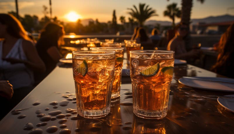 Men and Women Drink Cocktails at a Bar during Sunset Generated by AI ...