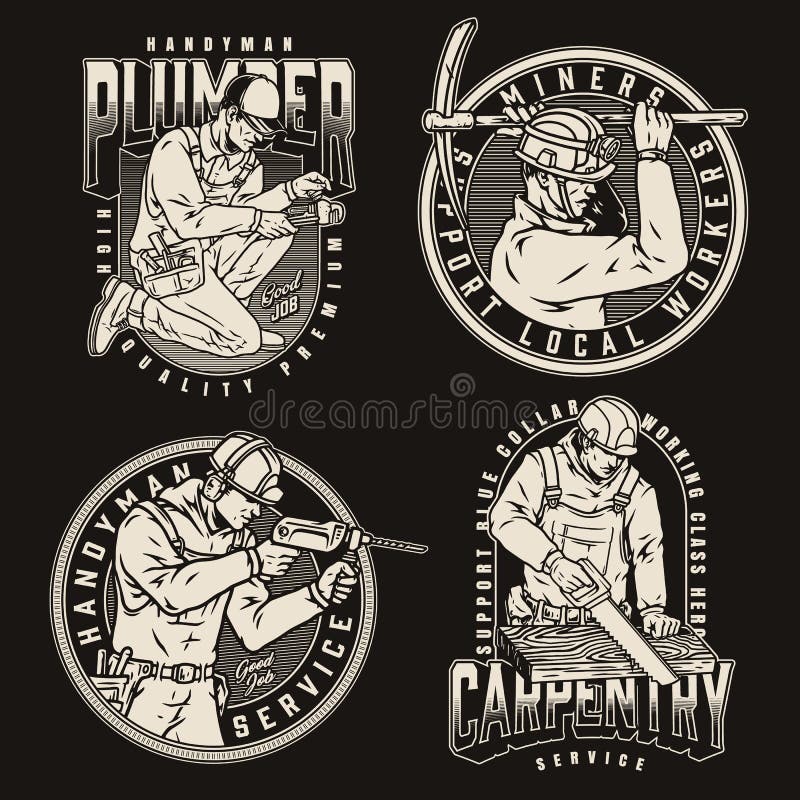 Men with Work Tools Emblems Set Stock Vector - Illustration of print ...