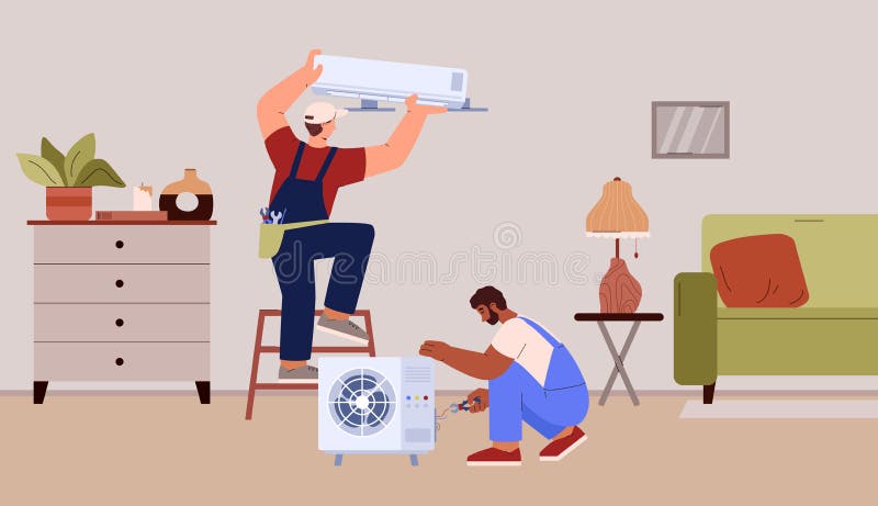 Men Working As Air Conditioner Service, Repairing and Installing AC at ... Men Working As Air Conditioner Service, Repairing and Installing AC at ...