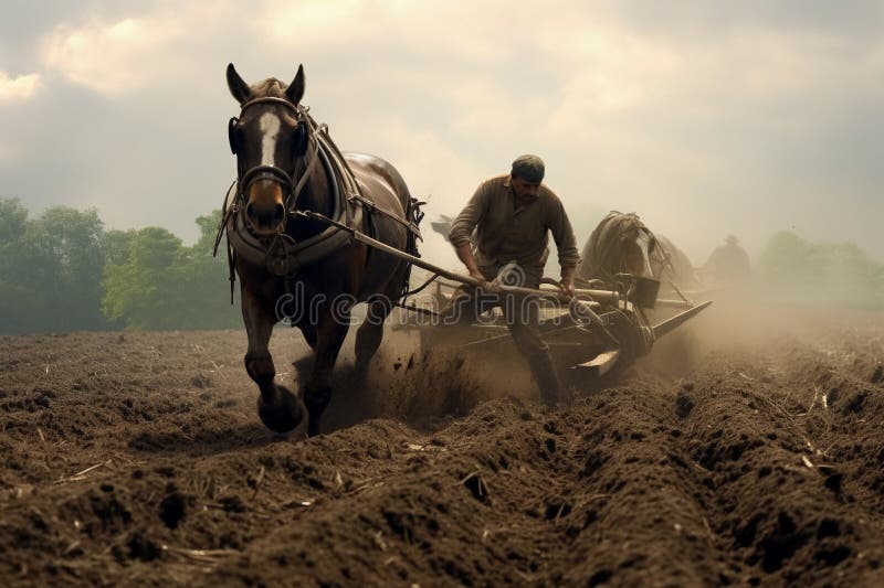 Men Working on the Farm with Horse and Plow Stock Illustration ...