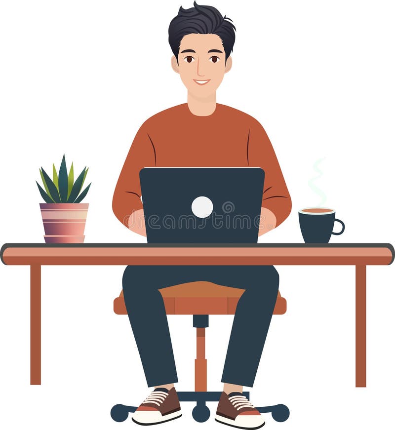A men working on a laptop stock vector. Illustration of chair - 346483389
