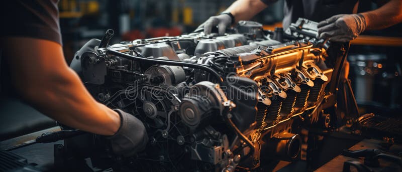 Men Working on a Large Engine in a Garage Stock Illustration ...