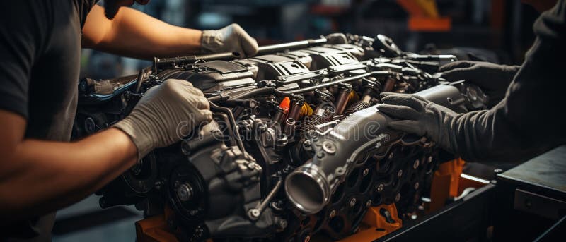 Men Working on a Large Engine in a Garage Stock Illustration ...