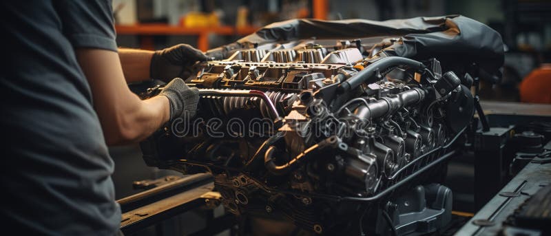 Men Working on a Large Engine in a Garage Stock Illustration ...