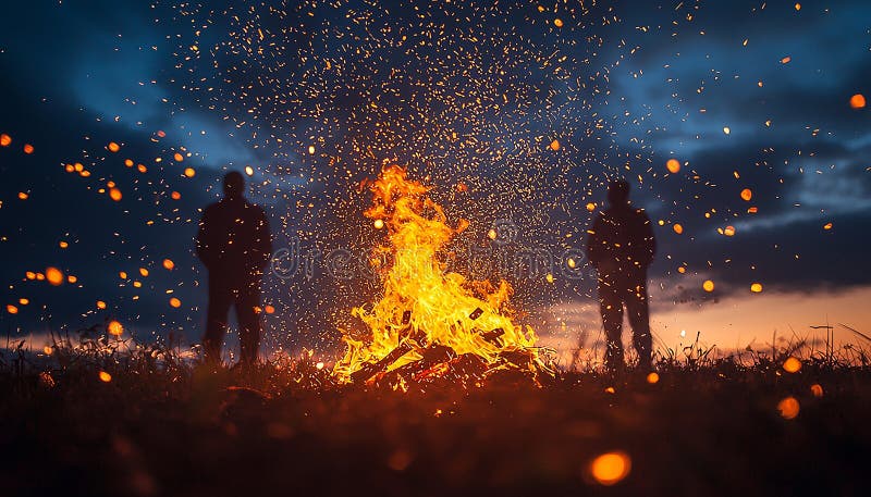 Men Working at Night, Bonfire Glowing, Nature Exploding Generated by AI ...