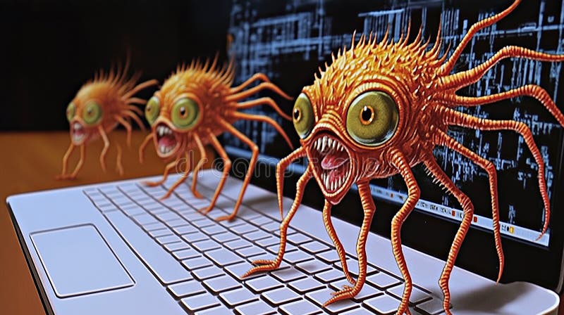Menacing Computer Viruses with Sharp Teeth Crawling Out of Laptop ...