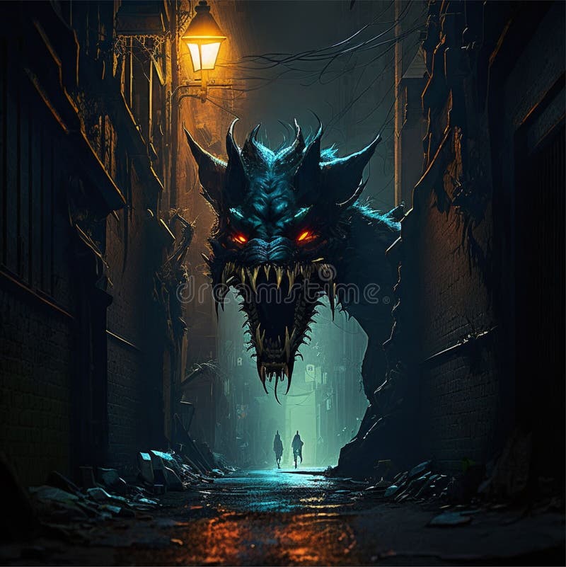 A Menacing Creature S Face Illuminated by a Light Source in a Narrow ...