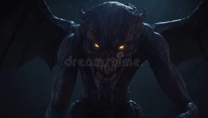 Menacing Dark Creature with Glowing Eyes and Bat Wings Stock Image ...