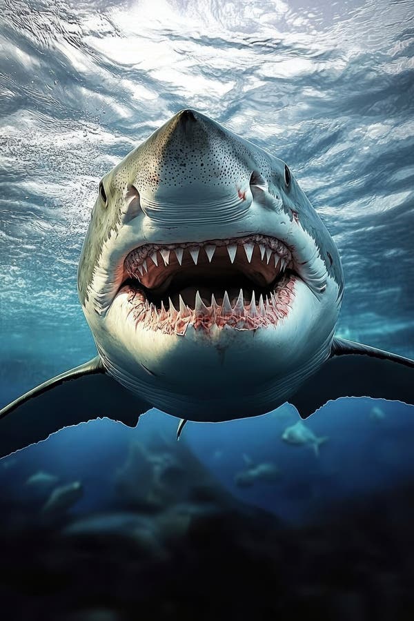 Menacing Great White Shark with Open Jaws in Deep Blue Water, Powerful ...