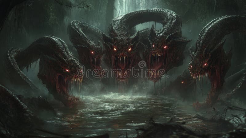 Menacing Hydra with Multiple Heads in Dark Environment Stock Image ...