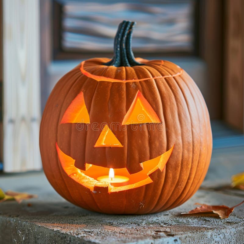 Menacing Jack O Lantern on Porch Step with Flickering Candle in Spooky ...