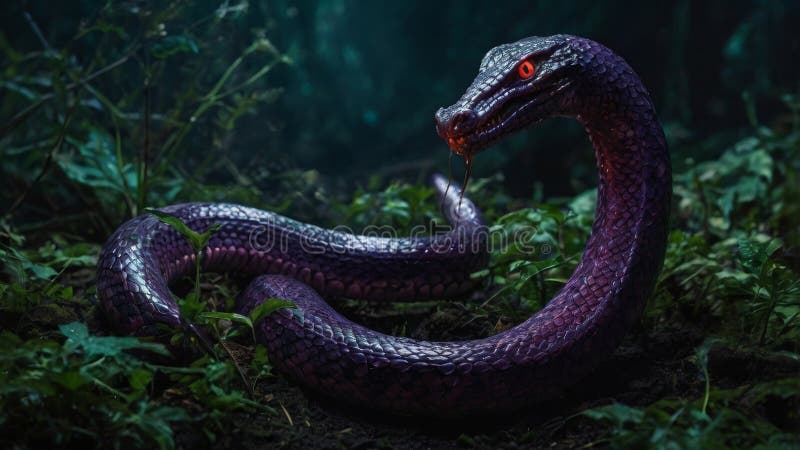 A Menacing Purple Snake with Red Eyes in a Jungle Setting Stock ...