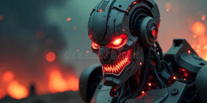 Futuristic Robotic Figure with Glowing Eyes Stands Amidst a Fiery ...