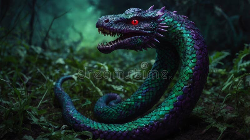 A Menacing Serpent with Glowing Red Eyes Coiled in the Shadows of a ...