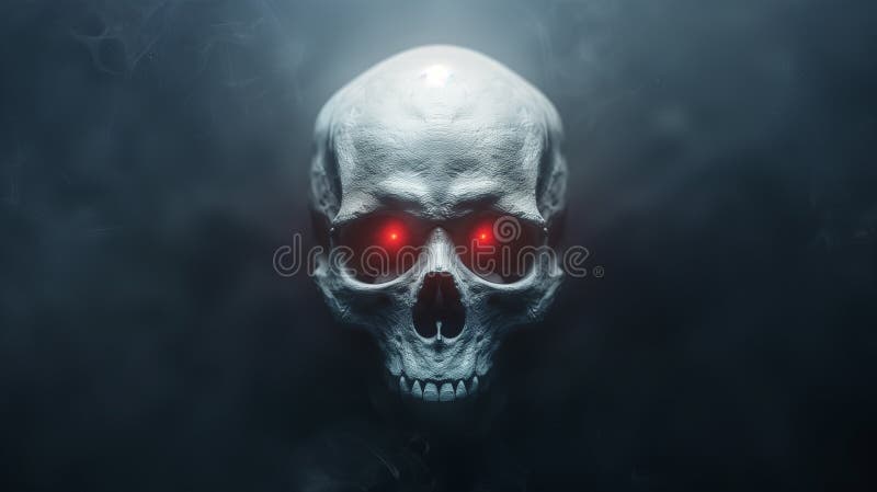 A Menacing Skull with Glowing Red Eyes Emerging from the Mist, Creating ...