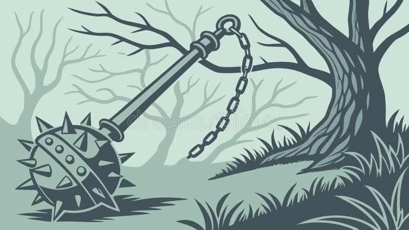 Spiked Flail Weapon Leaning Against a Bare Tree, Vector Design ...