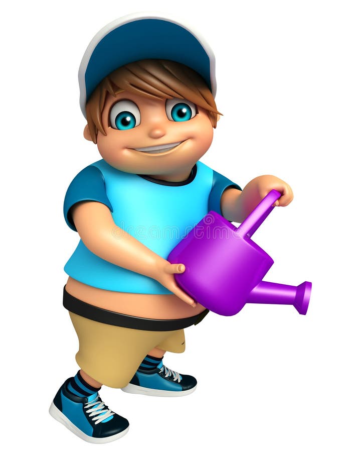 Menino Da Criança Com Planta And A Lata Molhando Ilustração Stock