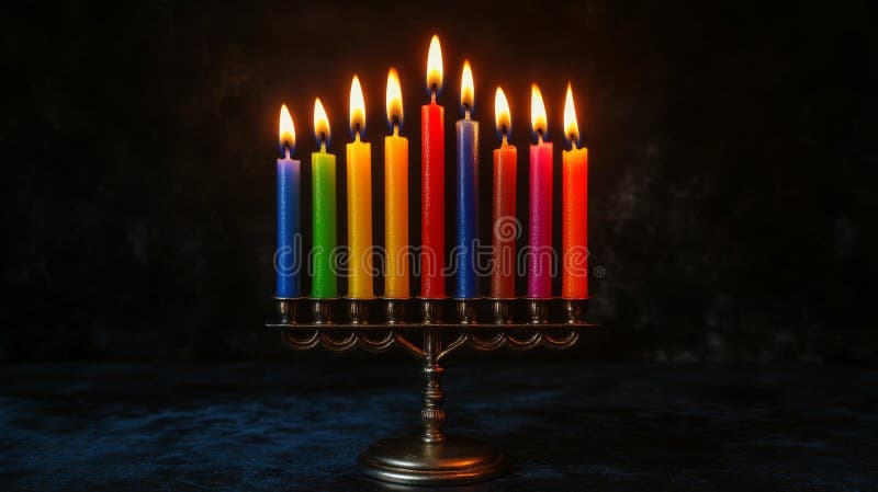 A Menorah with Nine Burning Rainbow Candles Stock Illustration ...