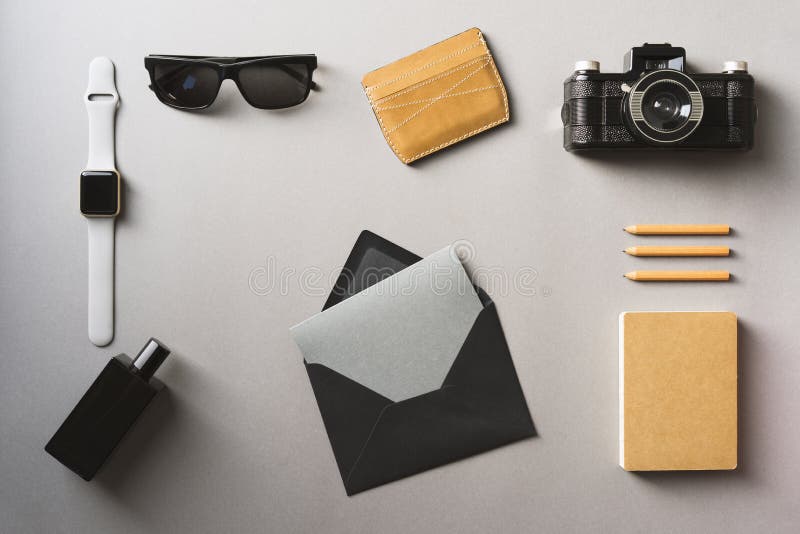 Mens Accessories on Table Top Flat Lay with Greeting Card Stock Photo ...