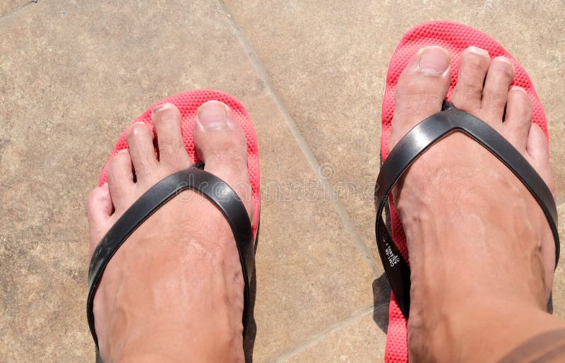 Mens Feet in Red Flip-flops Stock Photo - Image of bright, vacation ...