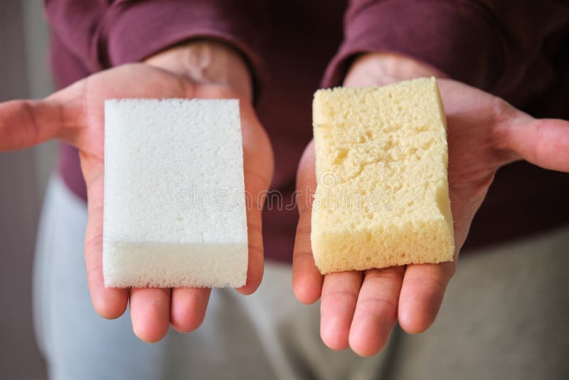 Mens Hands Holding New and Old Bath Sponge. Stock Image - Image of ...