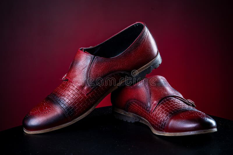 Mens Leather Burgundy Shoes on Red Background Stock Photo - Image of ...