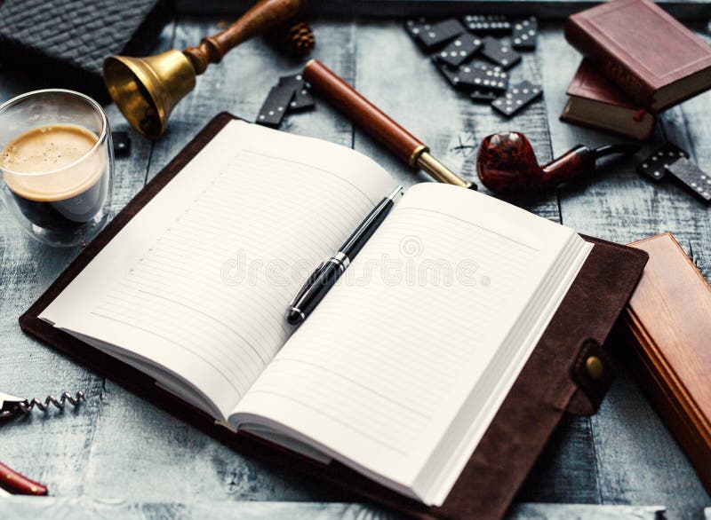 Mens Wooden Work Table with the Diary Stock Image - Image of coffee ...