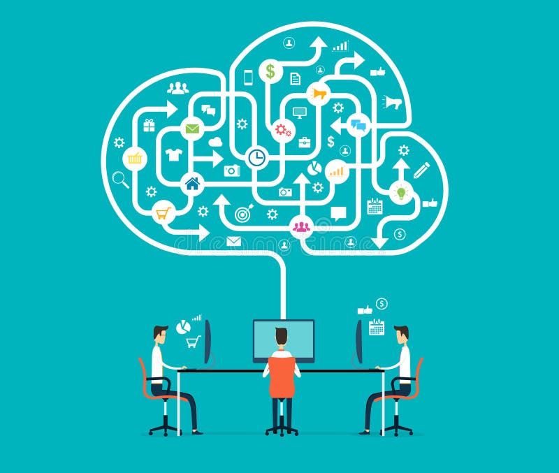 Mensen En Wolken Online Netwerk Die Werken Vector Illustratie ...