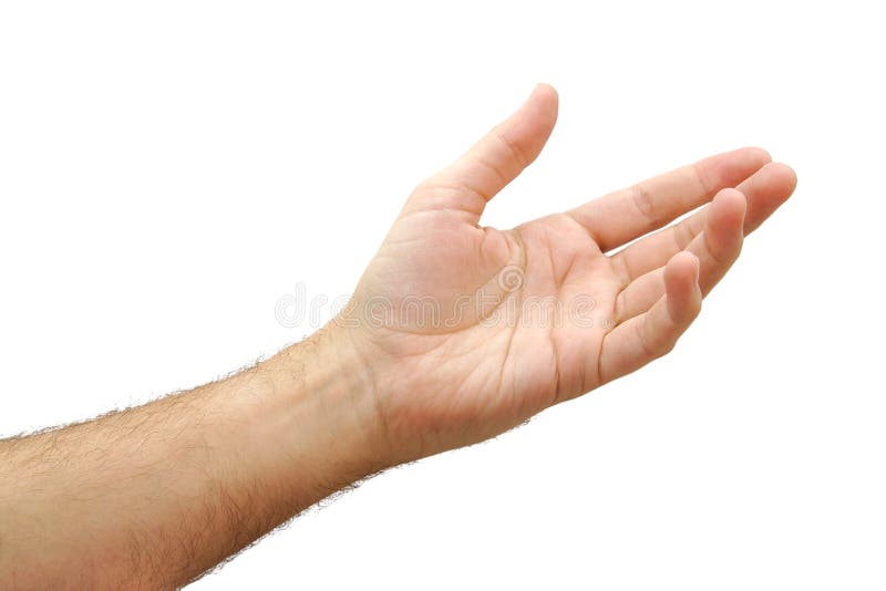 De Mens in Kostuum Toont Uitgestrekte Hand Met Open Palm Stock ...