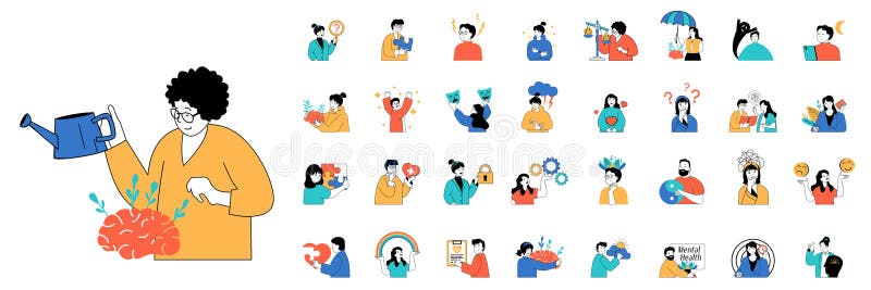 Mental Health Concept with People Situations Mega Set in Flat Web ...