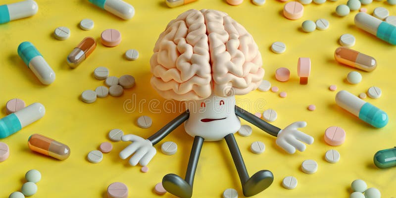 Mental Health Day Banner, Brain Character Surrounded by Various Pills ...