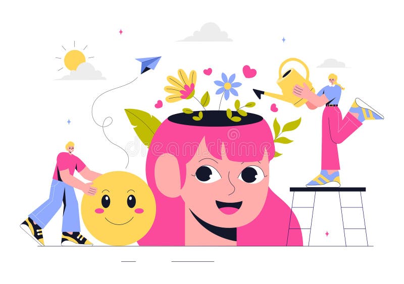 Mental Health Vector Illustration Featuring a Brain and Flowers ...