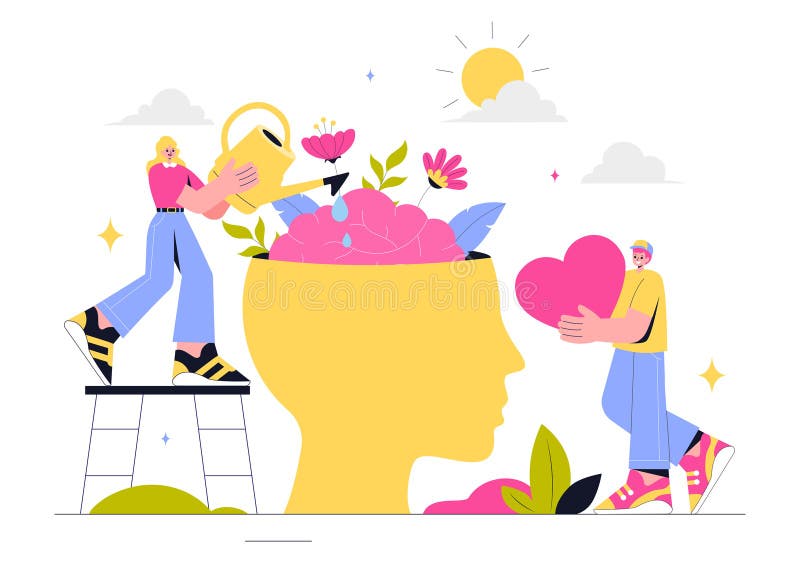 Mental Health Vector Illustration Featuring a Brain and Flowers ...