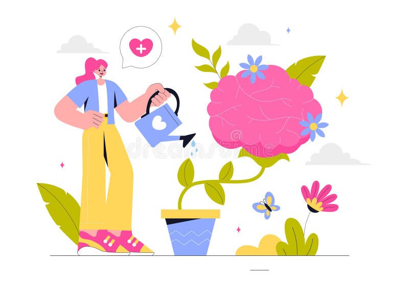 Mental Health Vector Illustration Featuring a Brain and Flowers ...