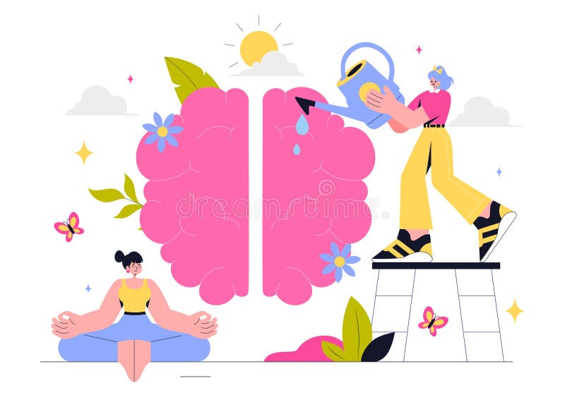 Mental Health Vector Illustration Featuring a Brain and Flowers ...