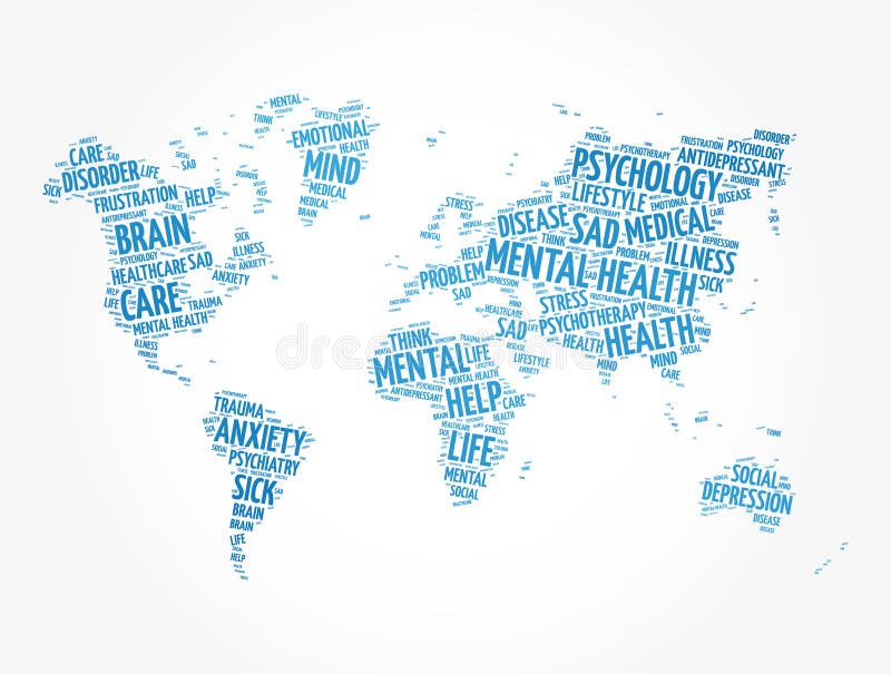 Mental Health Word Cloud in Shape of World Map, Social Concept ...