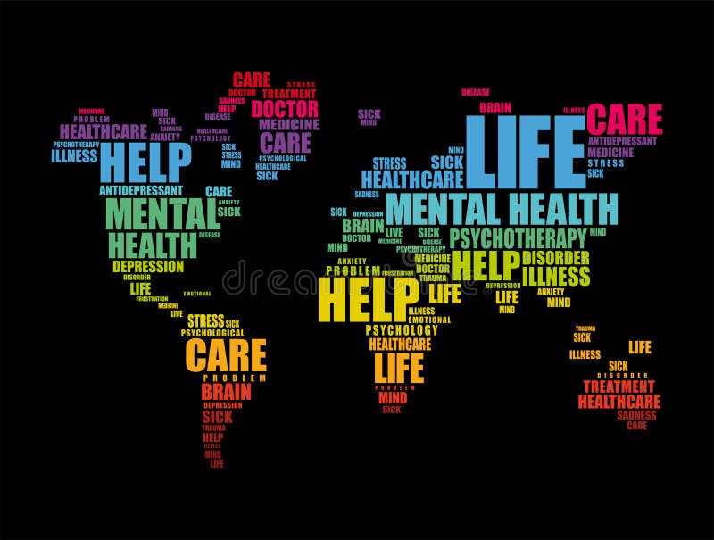 Mental Health Word Cloud in Shape of World Map, Social Concept ...