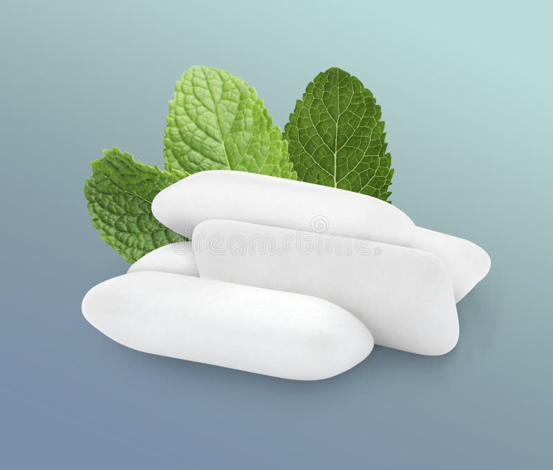 Menthol Chewing Gum Pillows and Mint Leaves on Greyish Blue Background ...