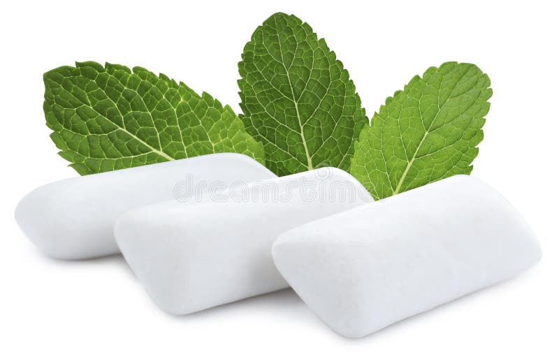 Menthol Chewing Gum Pillows and Mint Leaves on White Background Stock ...