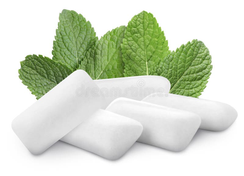 Menthol Chewing Gum Pillows and Mint Leaves on White Background Stock ...