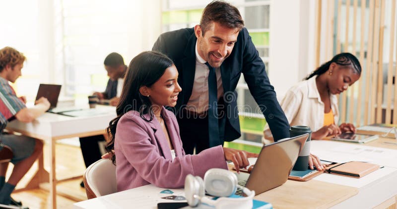 Mentor, Laptop and Help with Business People in Office for Internship ...