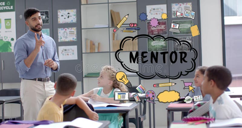 Mentor Text with Educational Icons Over Teacher Instructing Students in ...