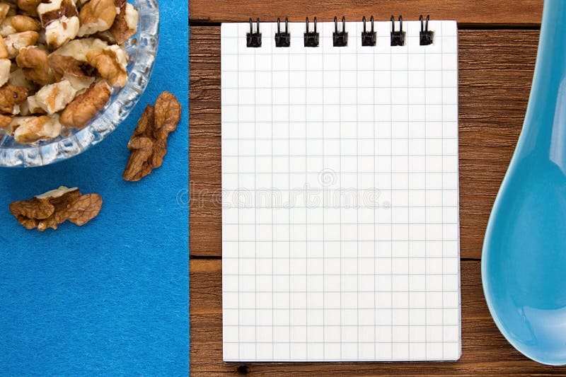 Menu Background. Cook Book. Recipe Notebook with Walnuts on a Blue ...