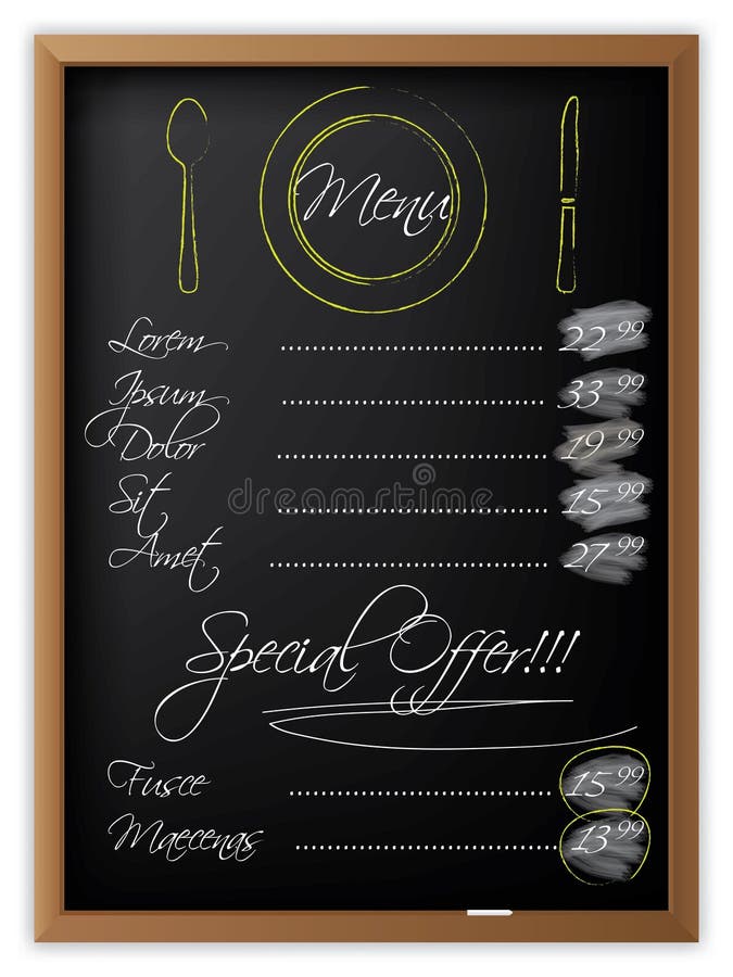 Menu on a blackboard stock vector. Illustration of plate - 22349505