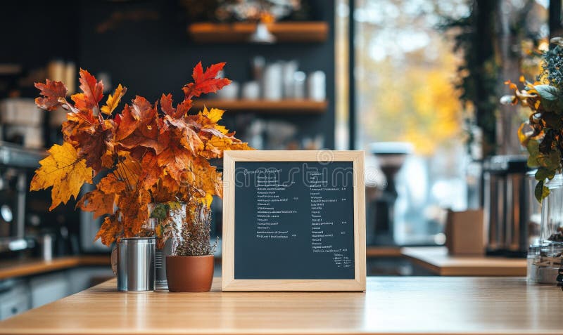 Menu Board on a Countertop, Decorated with Vibrant Autumn Foliage Stock ...