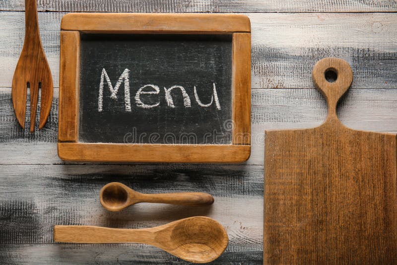 Menu Board with Utensils on Wooden Table Stock Photo - Image of drink ...