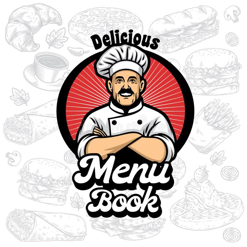 Menu Book Cover Design with Chef Cartoon Stock Vector - Illustration of ...