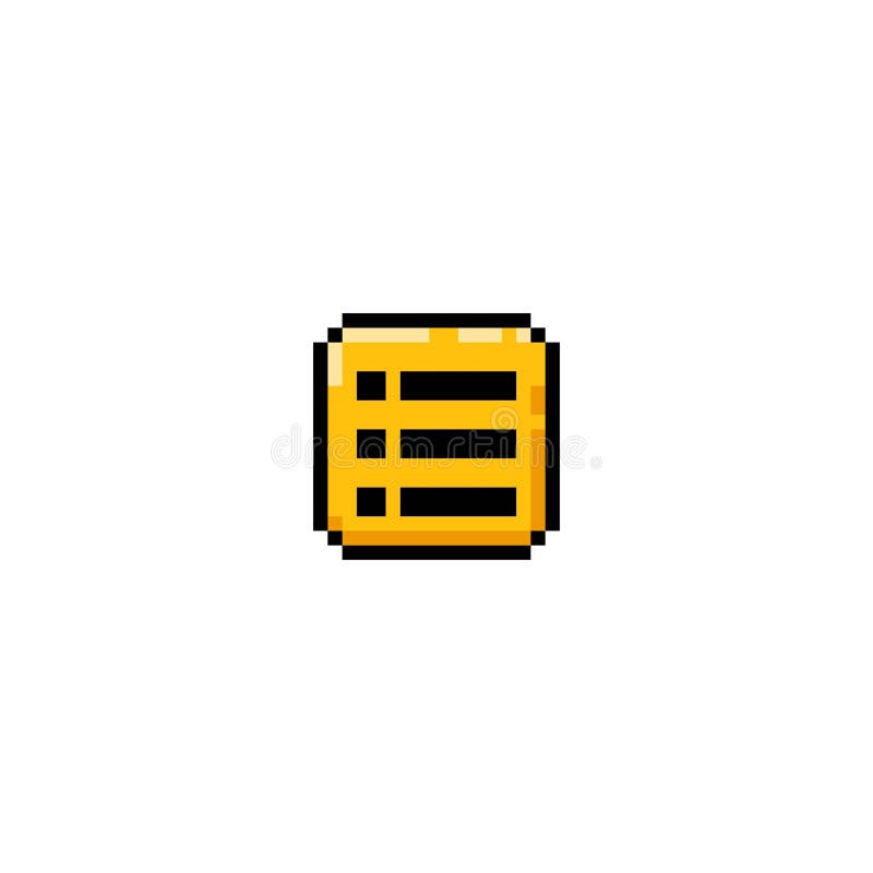 Menu Button Pixel Art Vector Icon, Retro Navigation User Interface Yellow Square Shape with ...